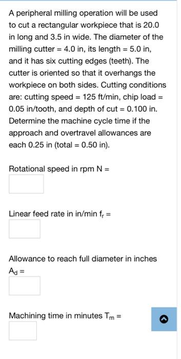 Solved A peripheral milling operation will be used to cut a | Chegg.com