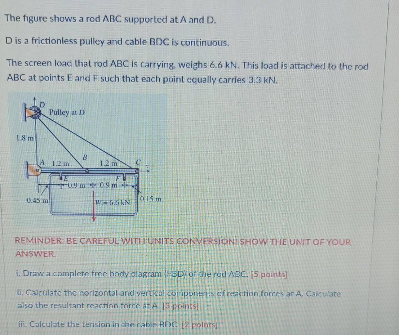 Solved The figure shows a rod ABC supported at A and D. D is | Chegg.com
