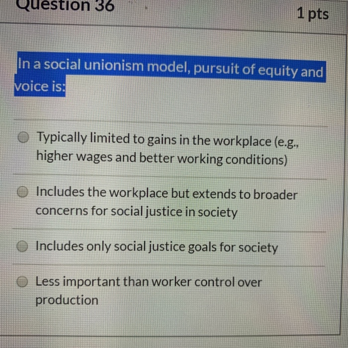 Solved Question 36 1 pts In a social unionism model, pursuit | Chegg.com