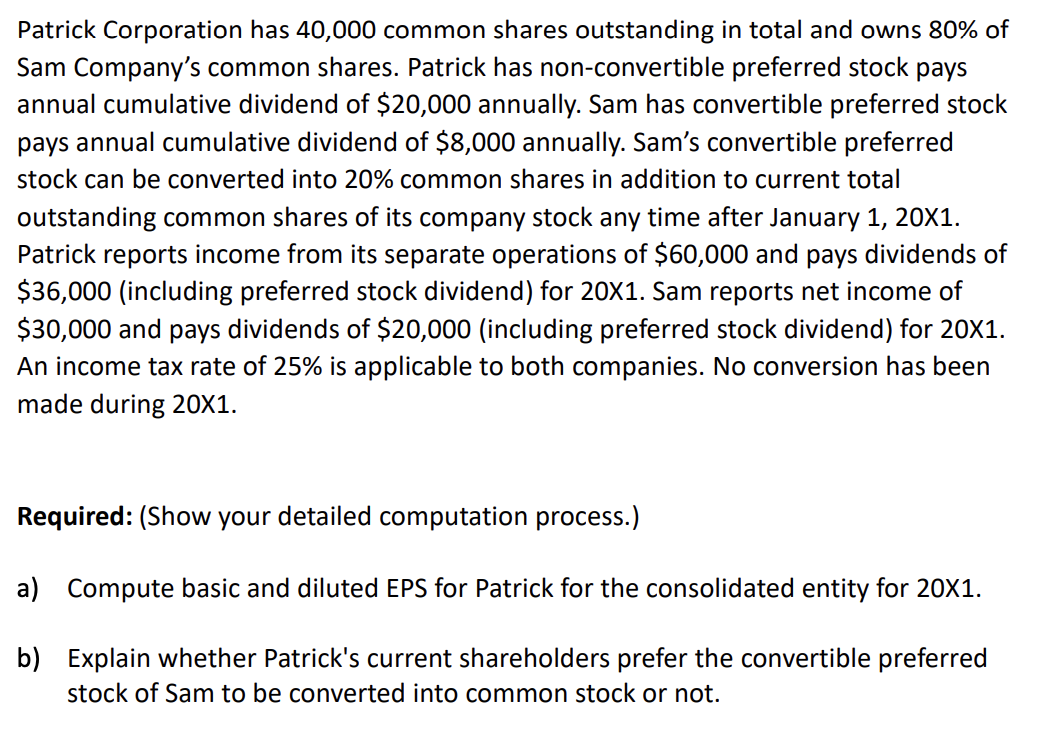 Patrick Corporation has 40,000 ﻿common shares | Chegg.com