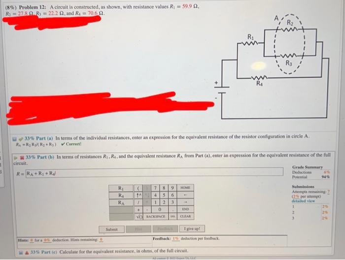 Solved (8\%) Problem 12: A circuit is constructed, as shown, | Chegg.com