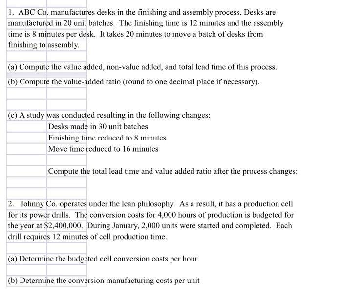 Solved 1. ABC Co. manufactures desks in the finishing and | Chegg.com