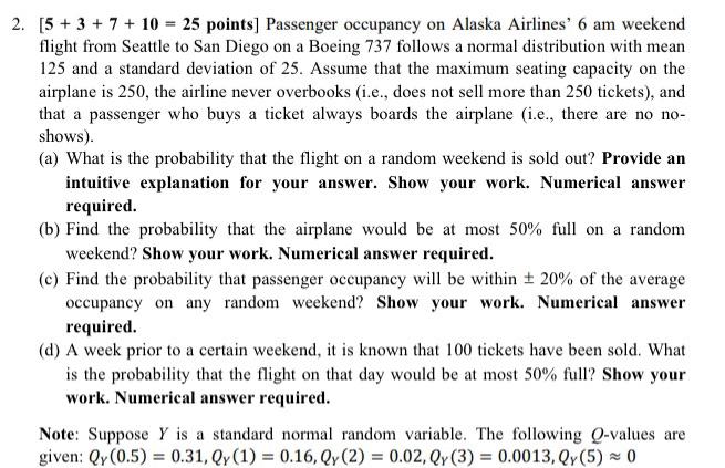 Solved 2. [5+3+7+10=25 points ] Passenger occupancy on | Chegg.com