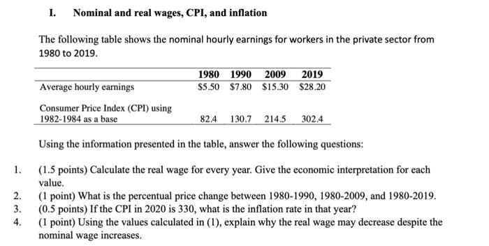 Solved I. Nominal and real wages, CPI, and inflation The | Chegg.com