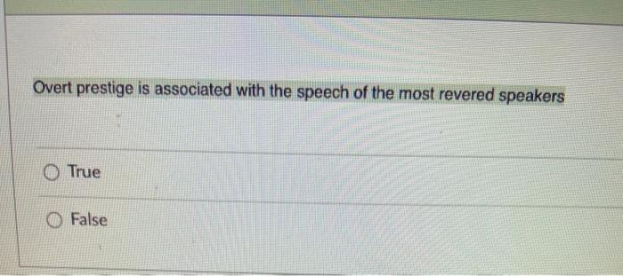 Solved Overt prestige is associated with the speech of the | Chegg.com