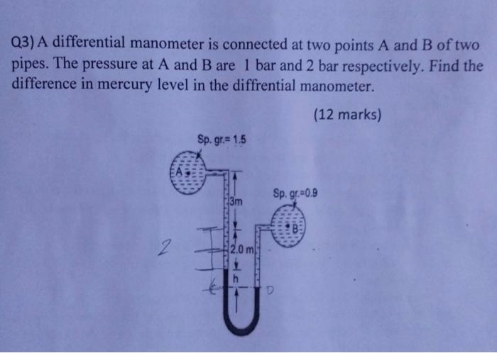 Solved Q3) A differential manometer is connected at two | Chegg.com