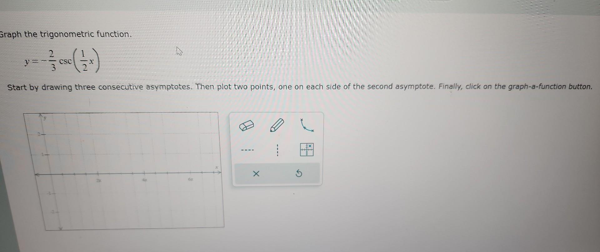 Solved Graph the trigonometric function. y=−32csc(21x) Start | Chegg.com