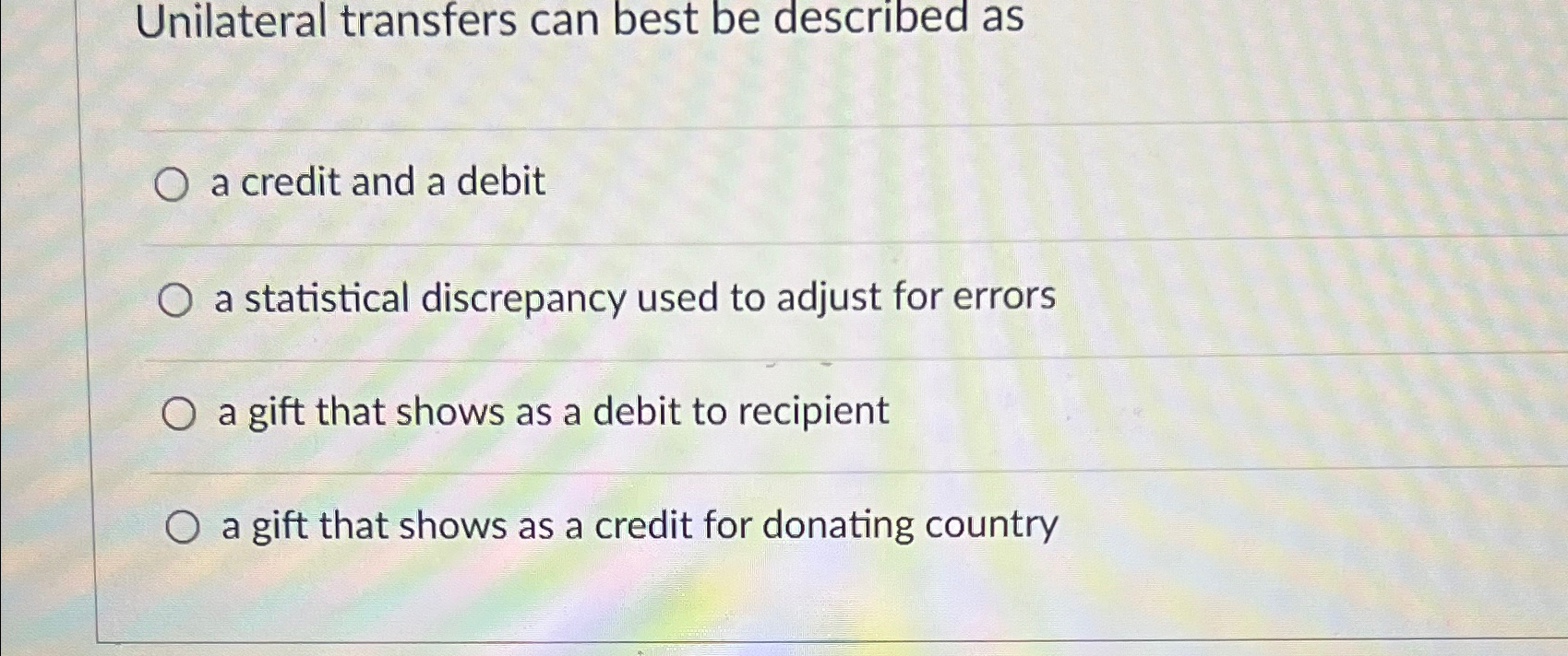 Solved Unilateral transfers can best be described asa credit | Chegg.com
