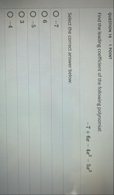 Solved QUESTION 16*1 ﻿POINTFind the leading coefficient of | Chegg.com