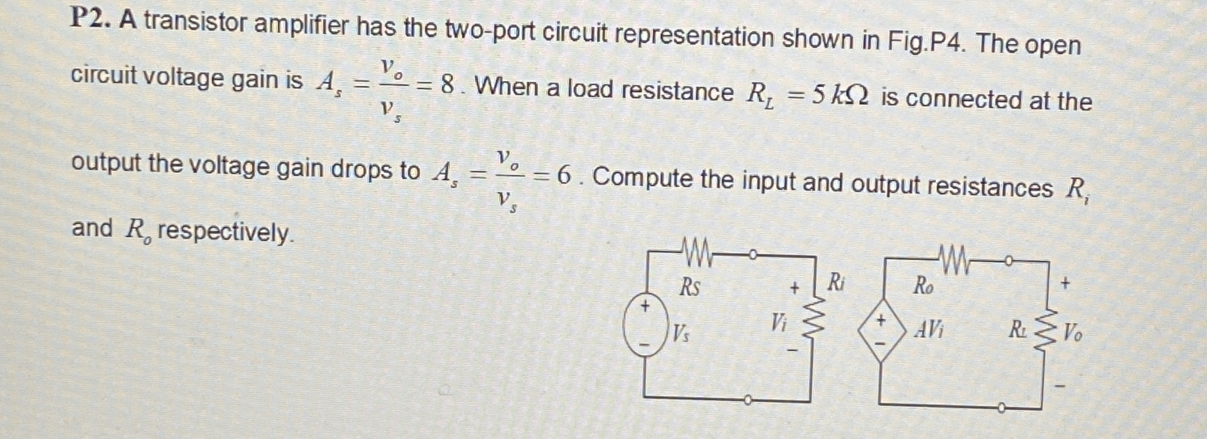 Solved P2. ﻿A transistor amplifier has the two-port circuit | Chegg.com
