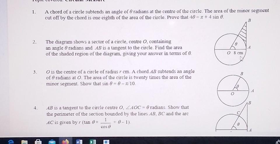 Solved 1. A chord of a circle subtends an angle of θ radians | Chegg.com