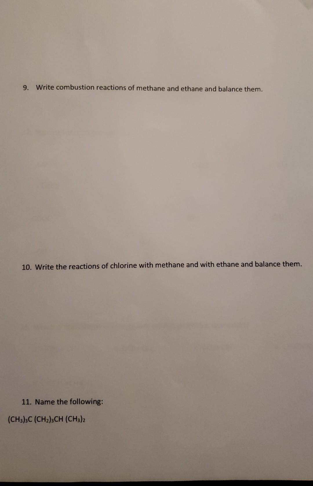 Solved 9. Write combustion reactions of methane and ethane | Chegg.com