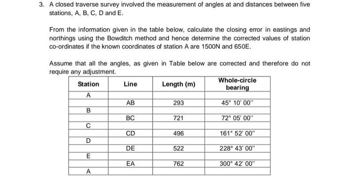 Solved 3. A closed traverse survey involved the measurement | Chegg.com