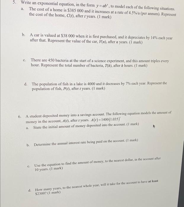 Solved 5. Write an exponential equation, in the form y=abx, | Chegg.com
