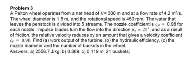 Solved Problem 3 A Pelton wheel operates from a net head of | Chegg.com