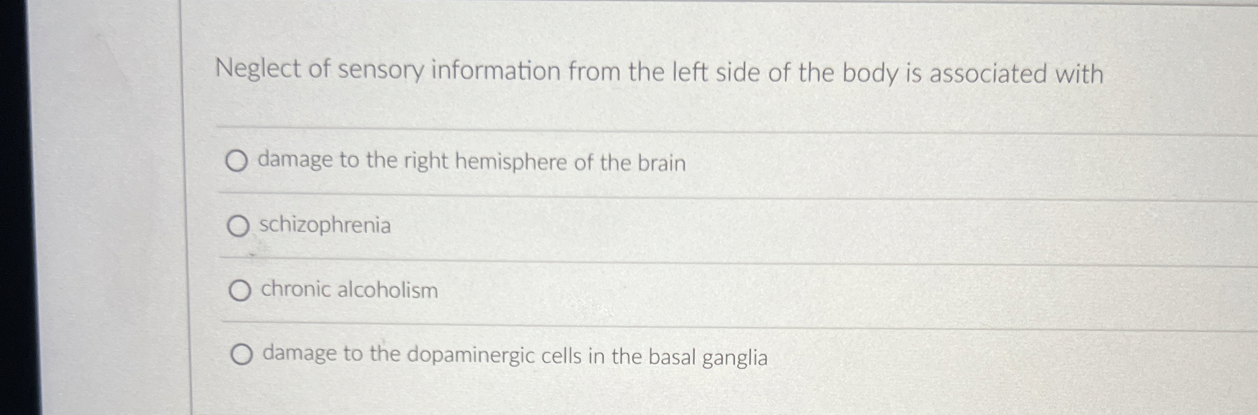Solved Neglect of sensory information from the left side of | Chegg.com