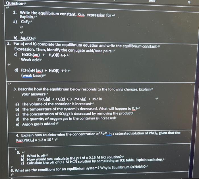 Solved 1. Write the equilibrium constant, KSp, expression | Chegg.com