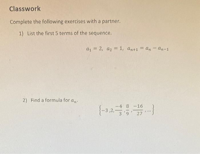 Solved Classwork Complete the following exercises with a | Chegg.com