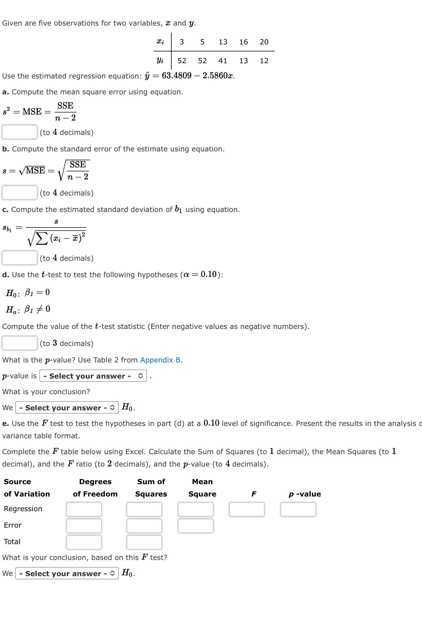 Solved Given are five observations for two variables, x ﻿and | Chegg.com