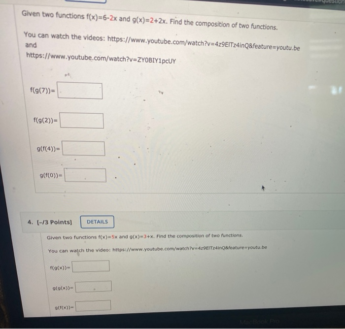 Solved Given two functions f(x)=6-2x and g(x)=2+2x. Find the | Chegg.com