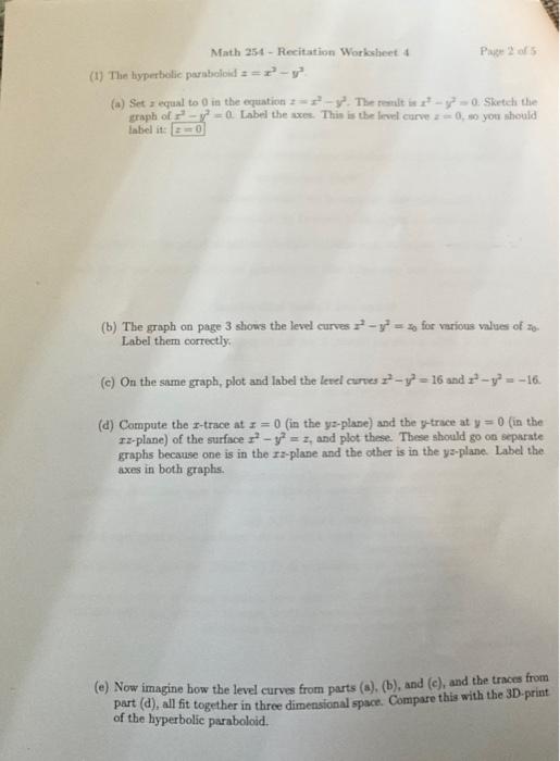 Solved (1) The byperbolic paraboloid ==x2−y2 (a) Set x equal | Chegg.com