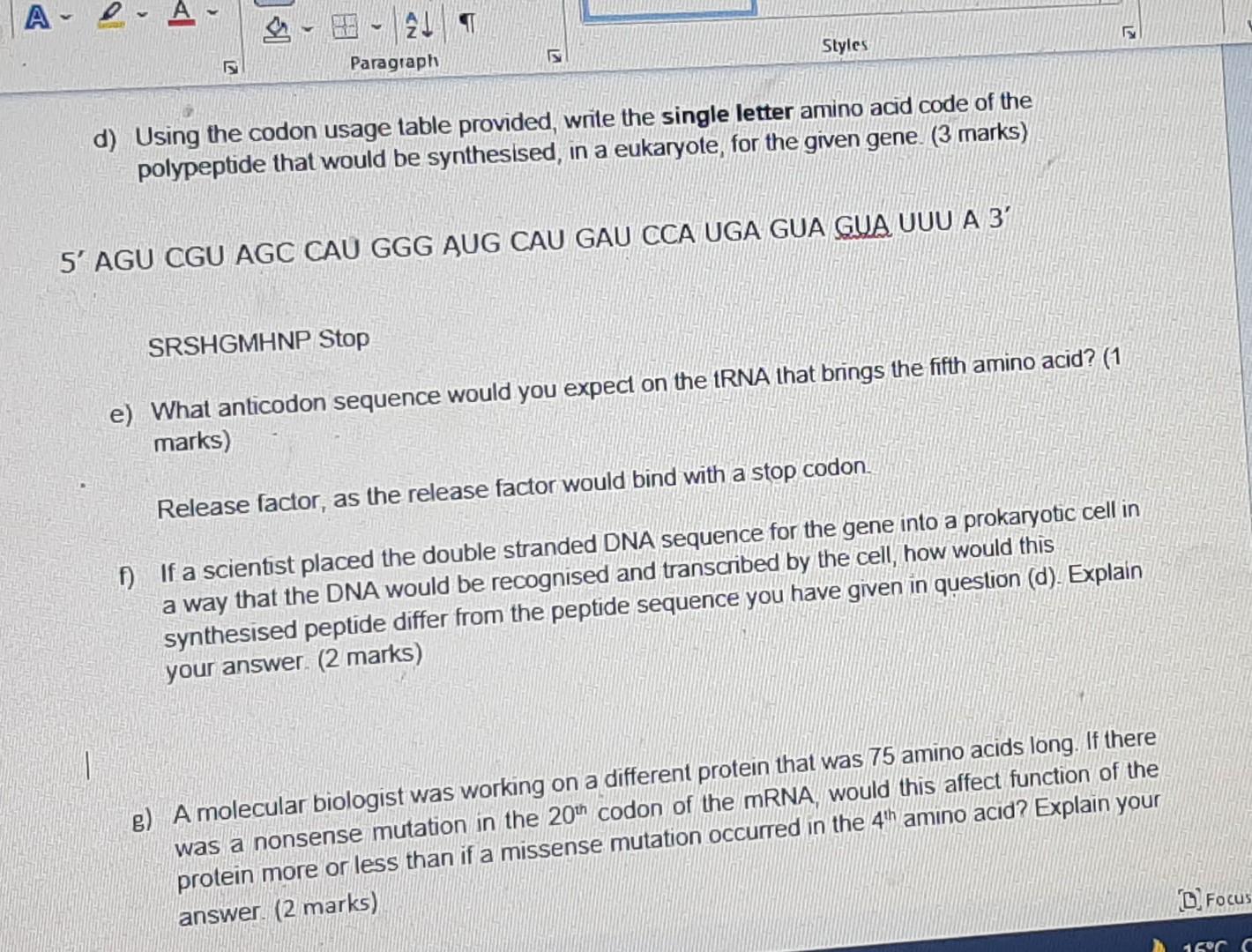 Solved А Styles Paragraph d) Using the codon usage table | Chegg.com