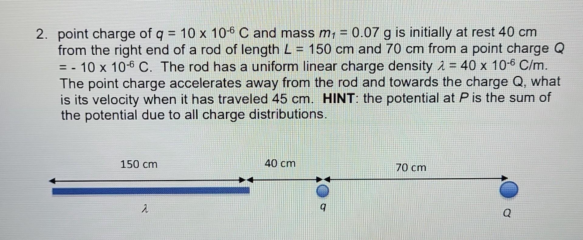 Solved 2. point charge of q=10×10−6C and mass m1=0.07 g is | Chegg.com