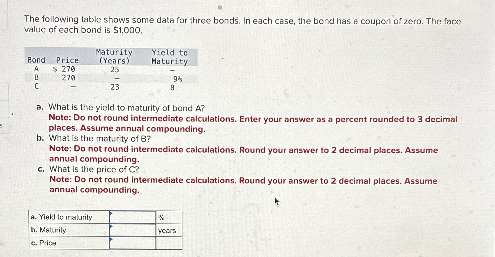 Solved The following table shows some data for three bonds. | Chegg.com
