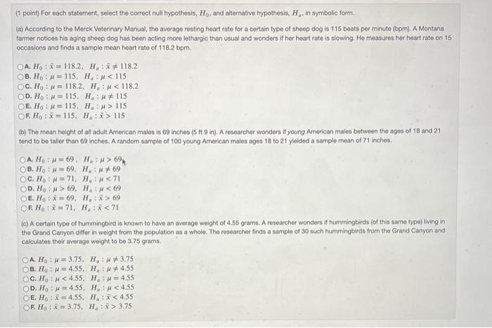 Solved (1 point) For each statement, select the correct null | Chegg.com