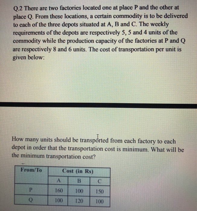 Solved Q.2 There are two factories located one at place P | Chegg.com