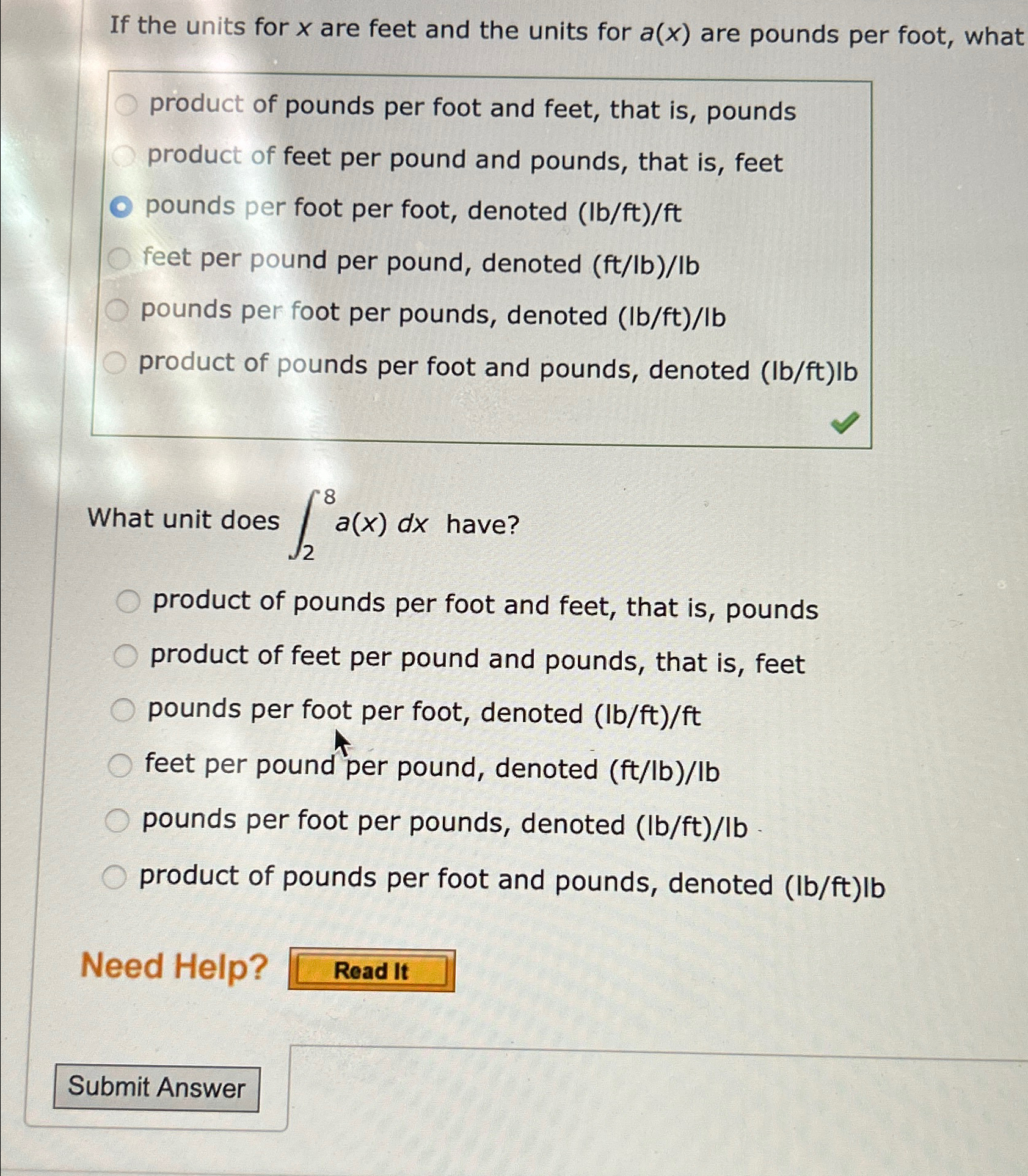 Solved If the units for x ﻿are feet and the units for a(x) | Chegg.com
