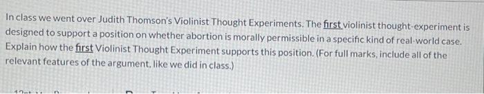 Solved In class we went over Judith Thomson's Violinist | Chegg.com