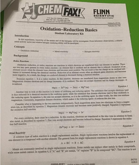 URGENT - Flinn Scientific Oxidation-Reduction Basics | Chegg.com