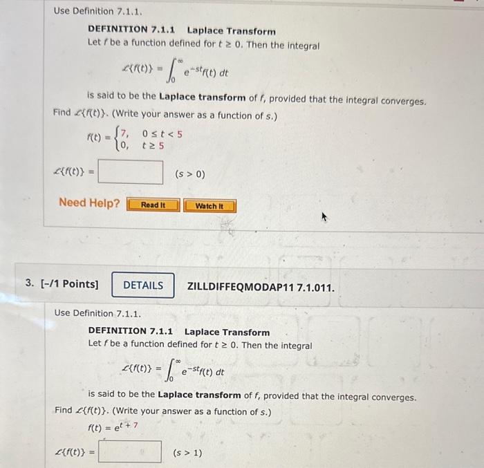Solved DEFINITION 7.1.1 Laplace Transform Let f be a | Chegg.com