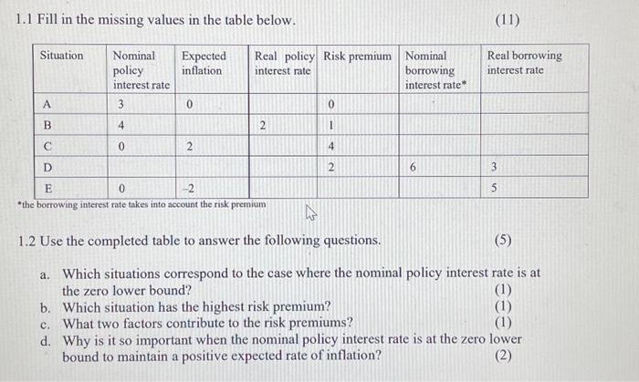 Solved 1.1 Fill in the missing values in the table below. | Chegg.com