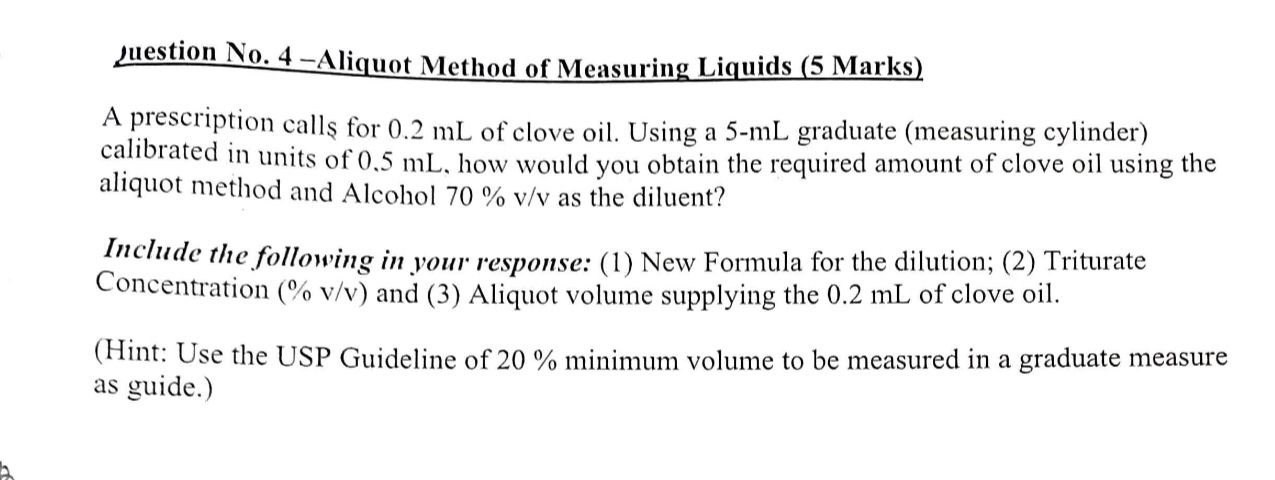 Solved Luestion No. 4-Aliquot Method of Measuring Liquids (5 | Chegg.com