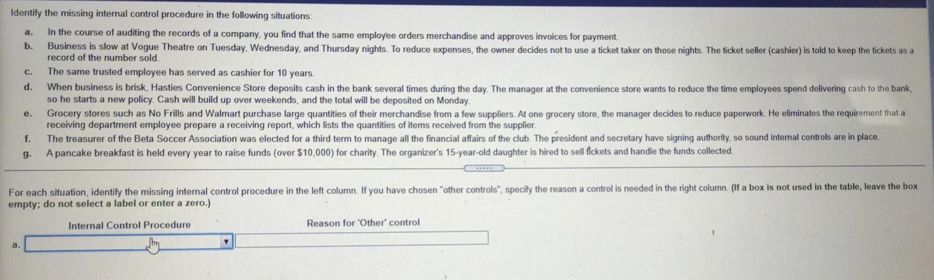 Solved a. C. Identify the missing internal control procedure | Chegg.com