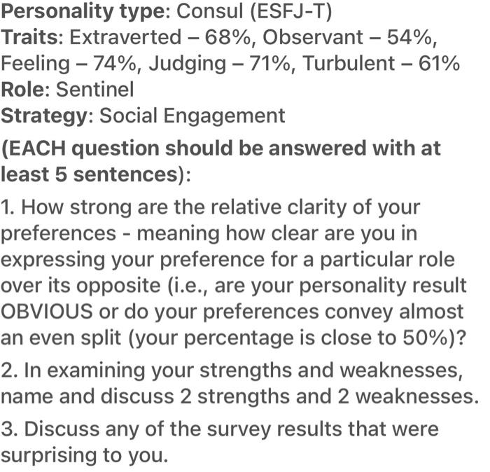 Solved Personality type: Consul (ESFJ-T) Traits: Extraverted | Chegg.com