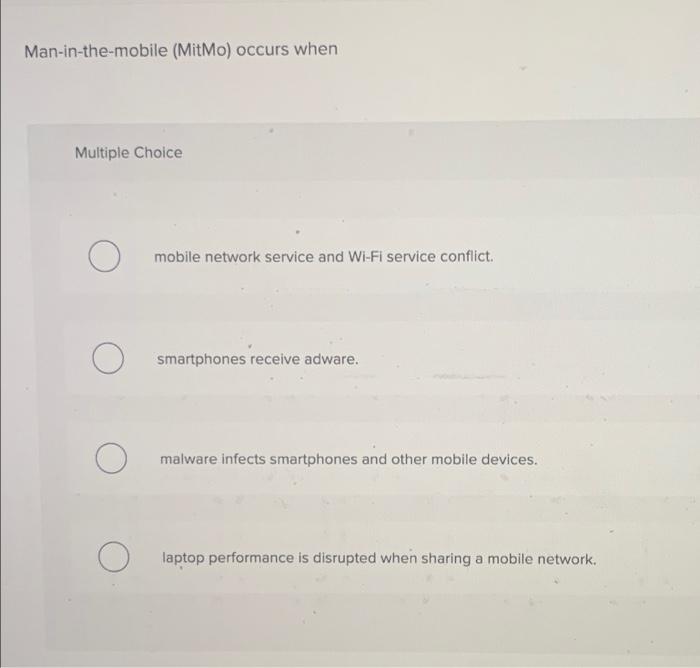 Solved Man-in-the-mobile (MitMo) occurs when Multiple Choice | Chegg.com Solved Man-in-the-mobile (MitMo) occurs when Multiple Choice | Chegg.com