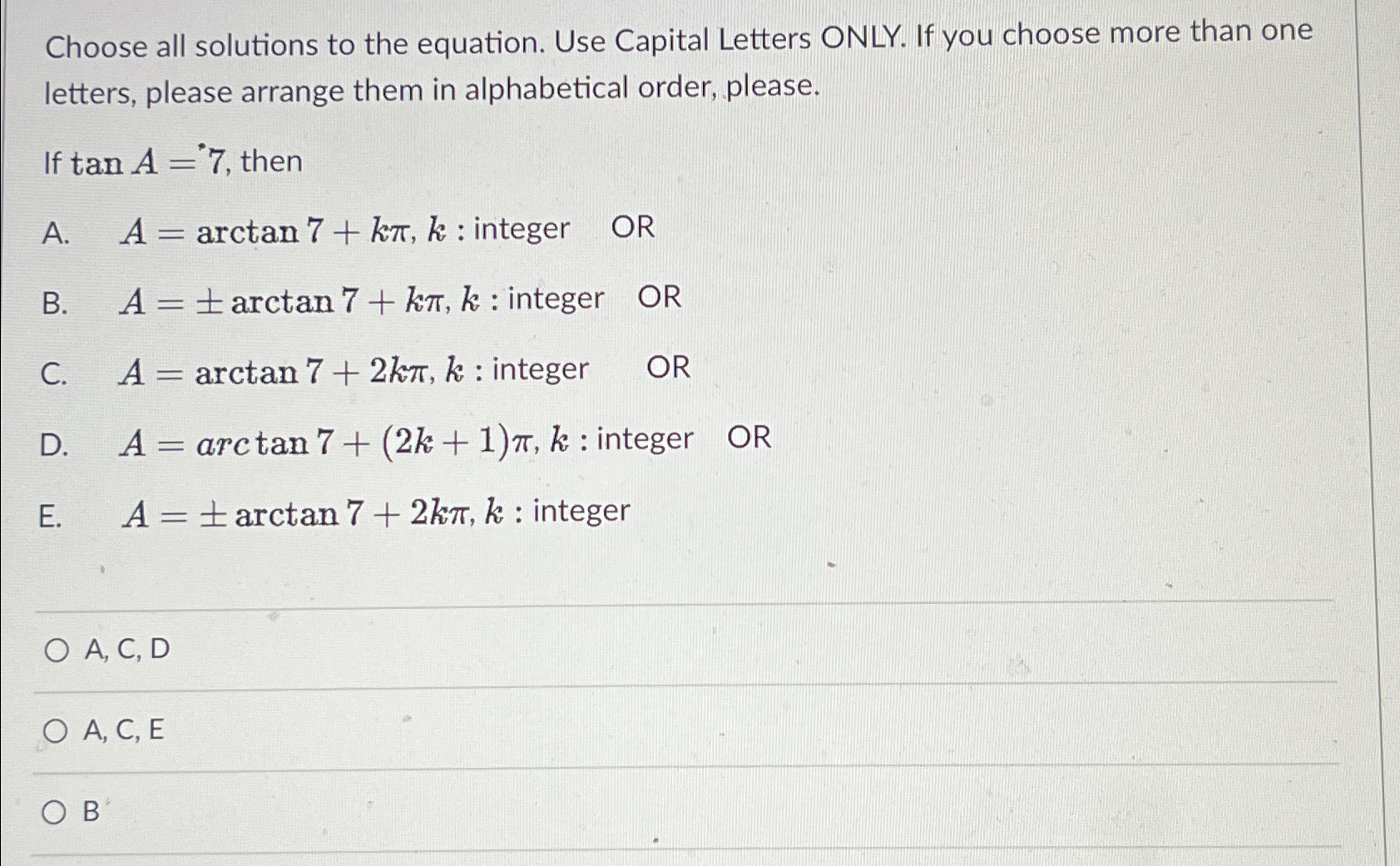Solved Choose all solutions to the equation. Use Capital | Chegg.com