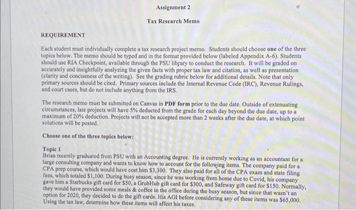 Solved Assignment 2 Tax Research Memo REQUIREMENT Each | Chegg.com