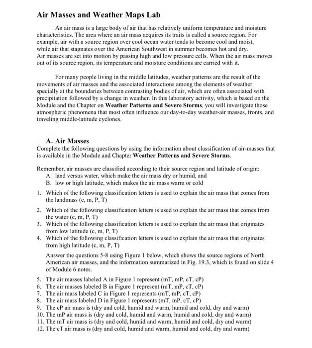 Solved Air Masses and Weather Maps Lab An air mass is a | Chegg.com