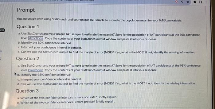 Solved Question 1 a. Use StatCrunch and your unique IAT | Chegg.com