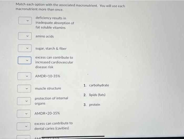Solved Match each option with the associated macronutrient. | Chegg.com