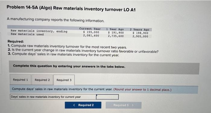 Solved Problem 14-5A (Algo) Raw materials inventory turnover | Chegg.com