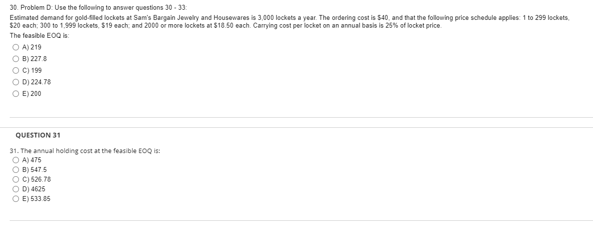 Solved Problem D: Use the following to answer questions | Chegg.com