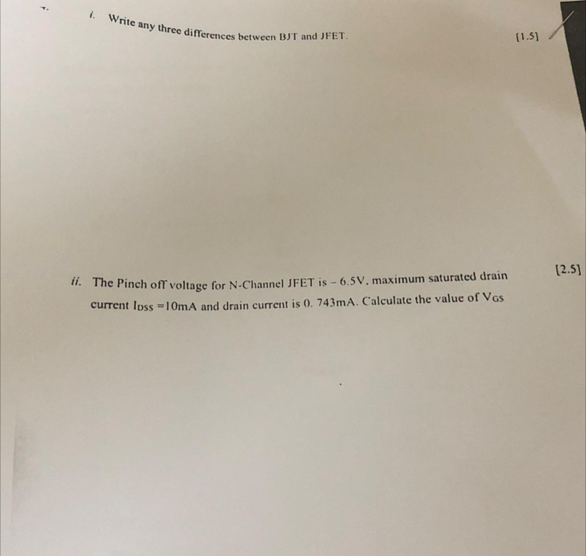 Solved i. ﻿Write any three differences between BJT and | Chegg.com