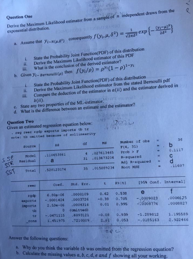 Solved Question One Derive the Maximum Likelihood estimator | Chegg.com