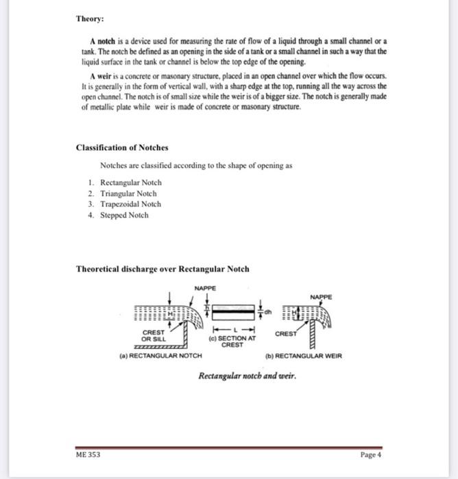 Solved Theory: A notch is a device used for measuring the | Chegg.com