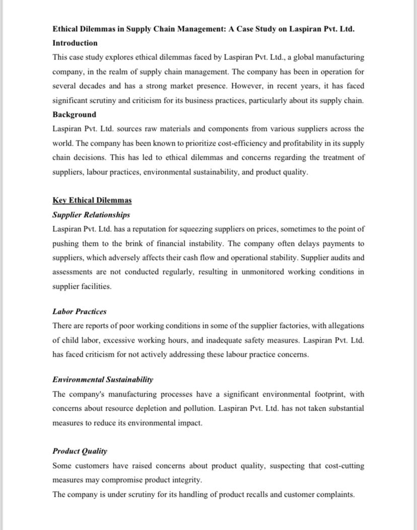 Solved Ethical Dilemmas in Supply Chain Management: A Case | Chegg.com